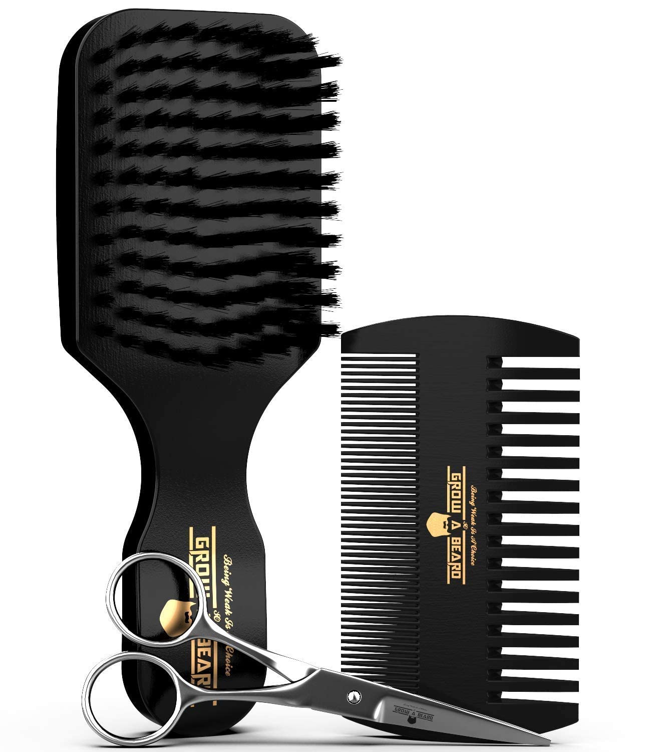 Beard Brush for Men & Beard Comb Set w/Mustache Scissors Grooming Kit, Natural Boar Bristle Brush, Dual Action Wood Comb, and Travel Bag Great for Christmas Gift