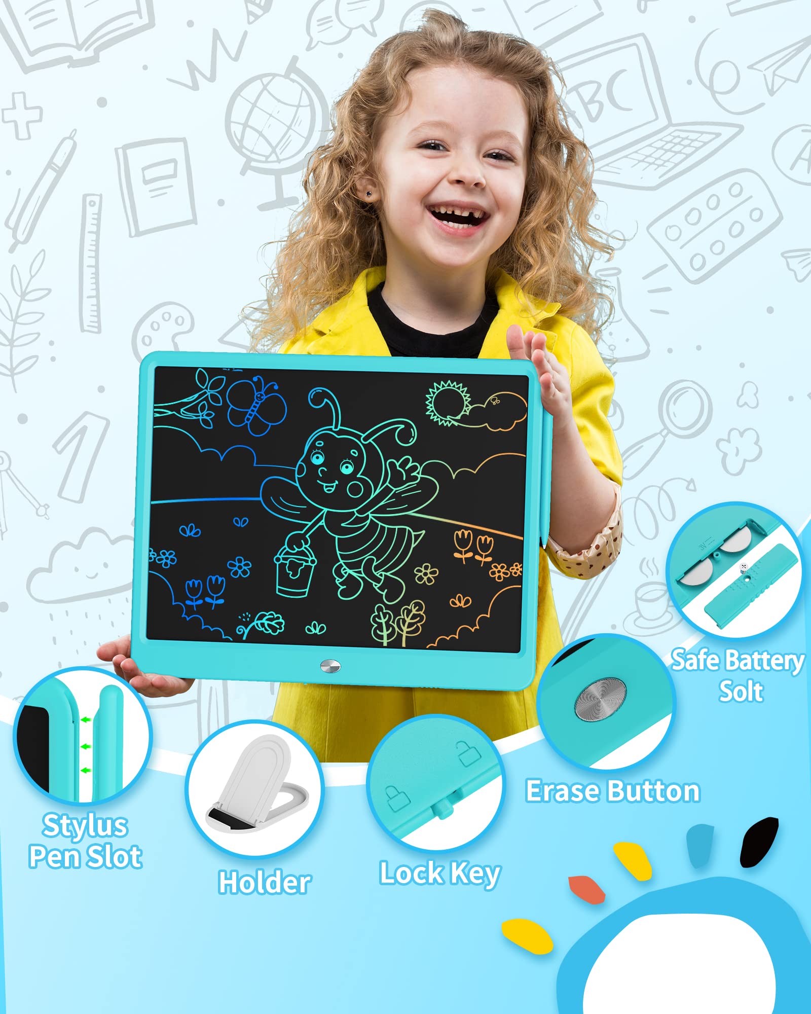 bravokids LCD Writing Tablet Board, 12inch Colorful Doodle Board Drawing Pad Toys for 3-8 Years Girls Boys, Toddler Educational & Learning Birthday Gift for Age 3 4 5 6 7 8 Years Old Kids, Blue