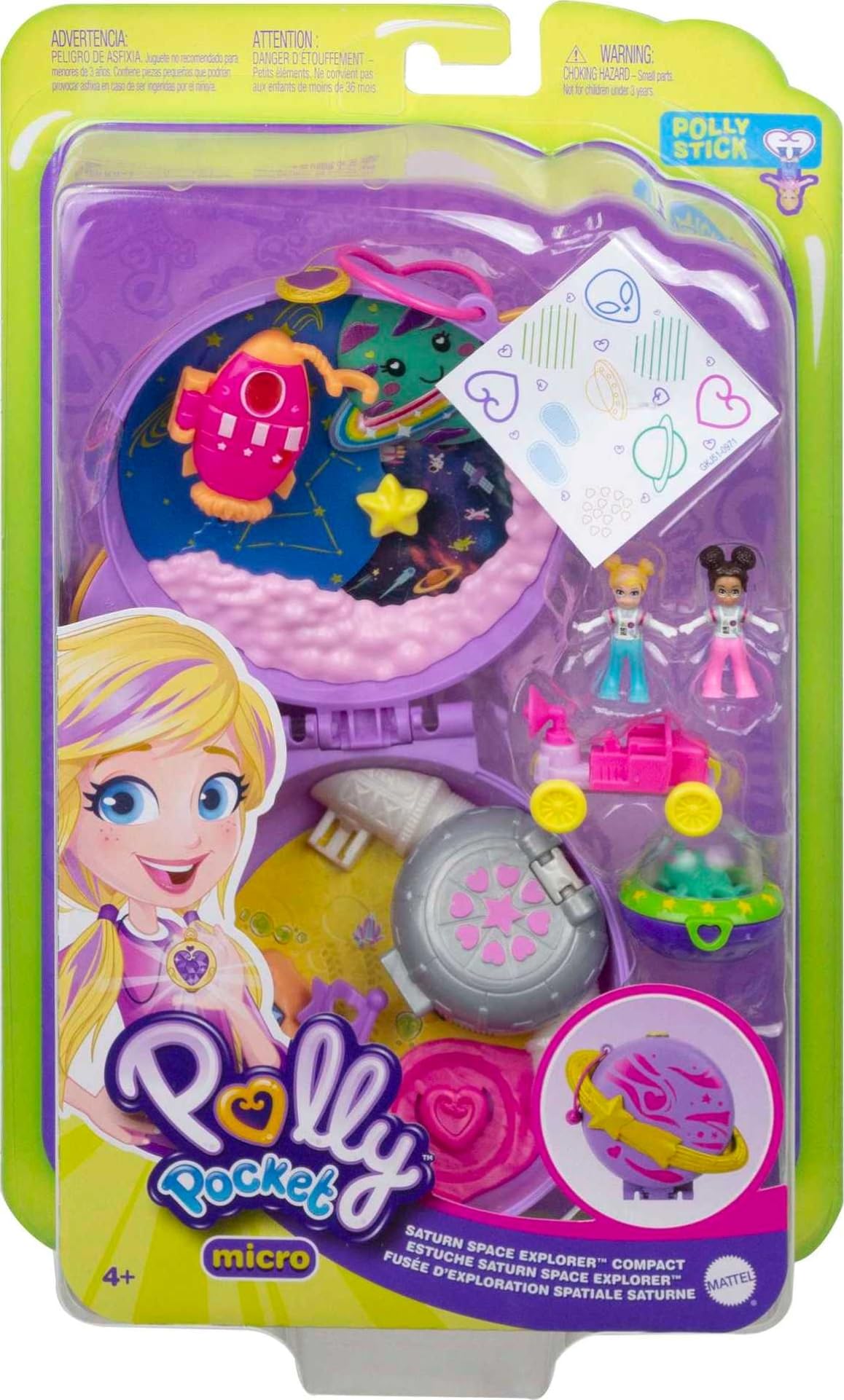 Polly Pocket Playset with 2 Micro Dolls, Toy Car & Surprise Accessories, Saturn Space Explorer Compact for Travel