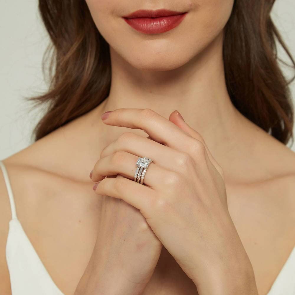 BERRICLE Sterling Silver Solitaire Wedding Engagement Rings 2.1 Carat Emerald Cut Cubic Zirconia CZ Art Deco Ring Set for Women, Rhodium Plated Size 9