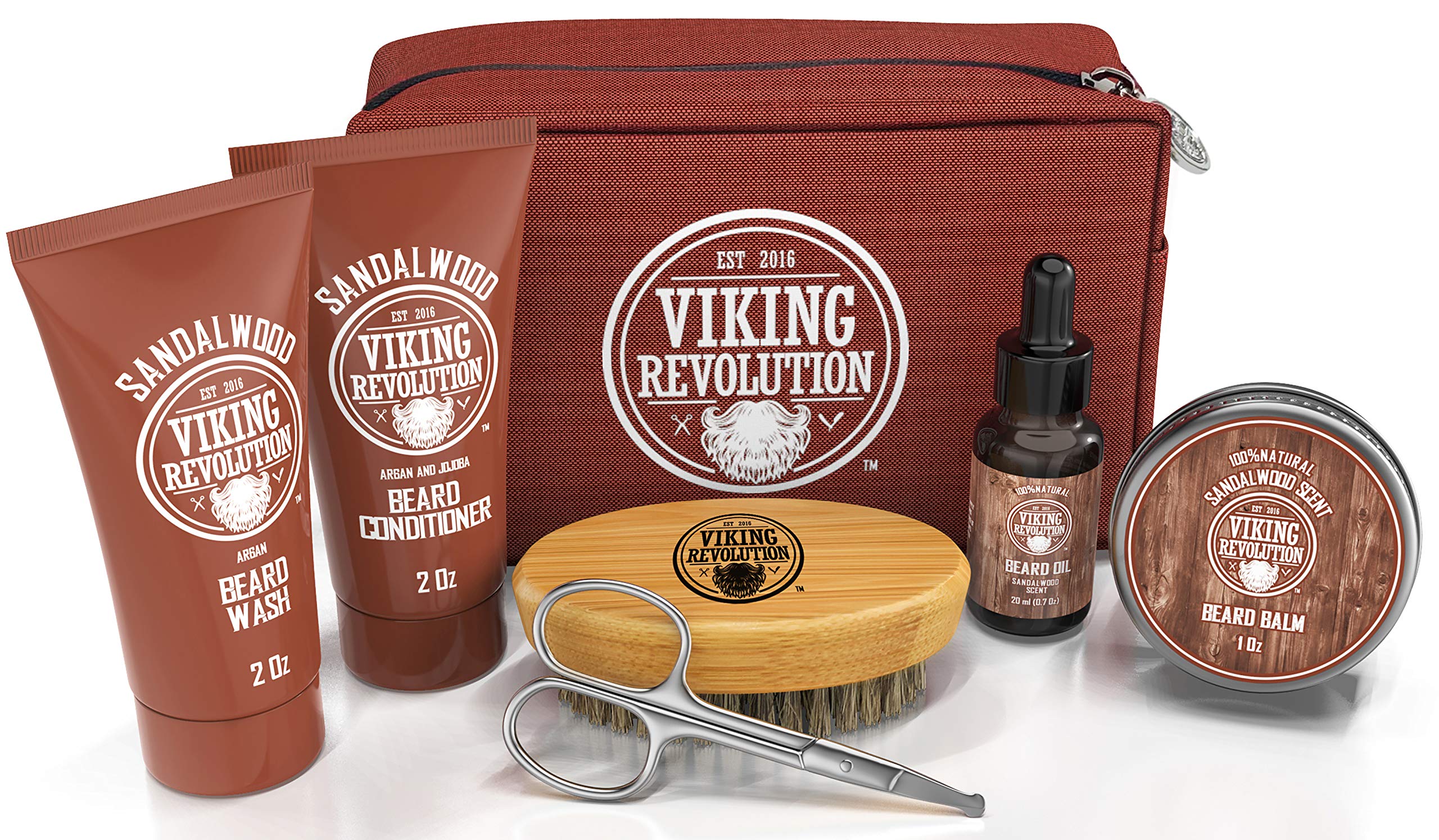 Beard Care Kit for Men Gift- Beard Grooming Kit Contains Travel Size Beard Oil, Beard Balm, Beard Shampoo & Conditioner, Beard Brush and Grooming Scissors - Includes Travel Case (Sandalwood)