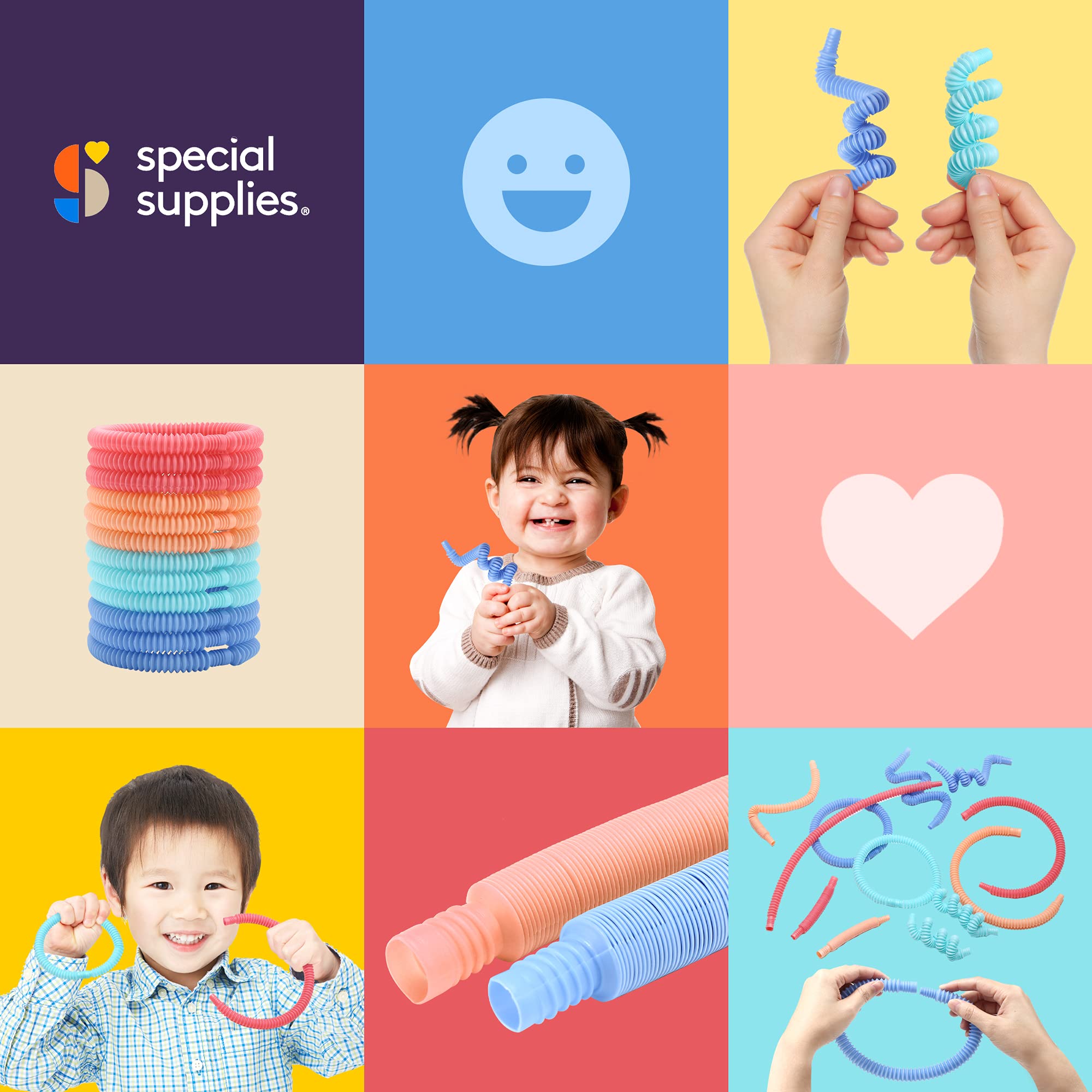 Special Supplies Fun Pull and Stretch Tubes for Kids - Pop, Bend, Build, and Connect Toy, Provide Tactile and Auditory Sensory Play, Colorful, Heavy-Duty Plastic (Pastel-12)