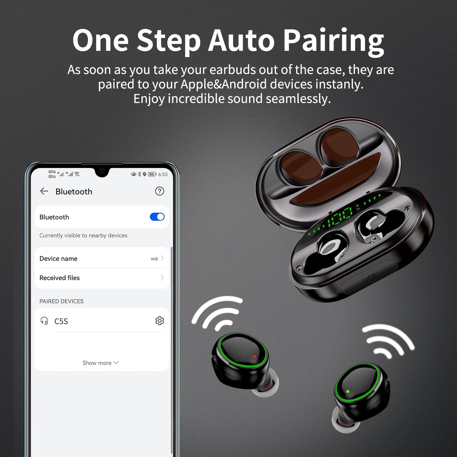 Earbuds Wireless Bluetooth, Hi-Fi Stereo Noise Cancelling Earbuds, Light Weight Bluetooth 5.2 Earphone with Mic, 80H Playtime IPX7 Waterproof Headphone with Charging Case for All Bluetooth Devices