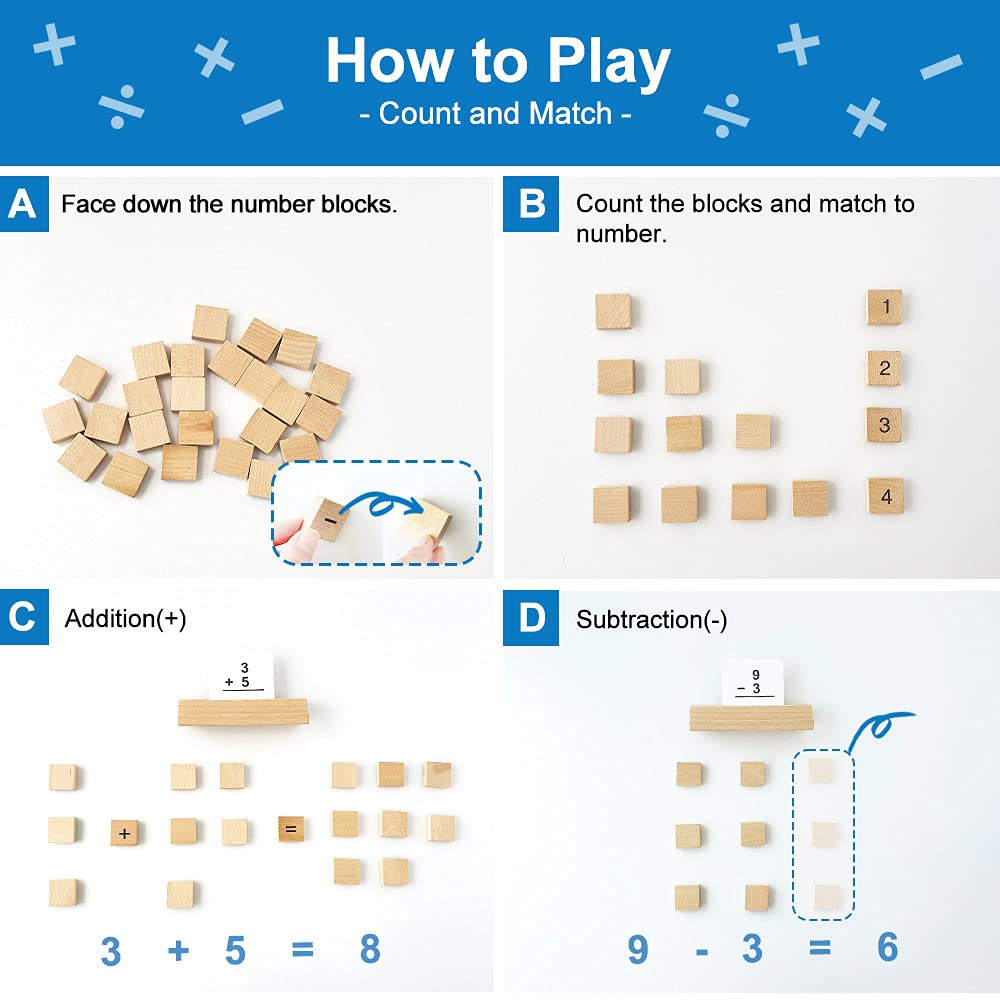 SSol & Sam Educational Math Toys - STEM Counting Toys with Math Flash Cards, Wooden Number Blocks and Boards - Montessori Toys Kindergarten Preschool Kids Ages 4+