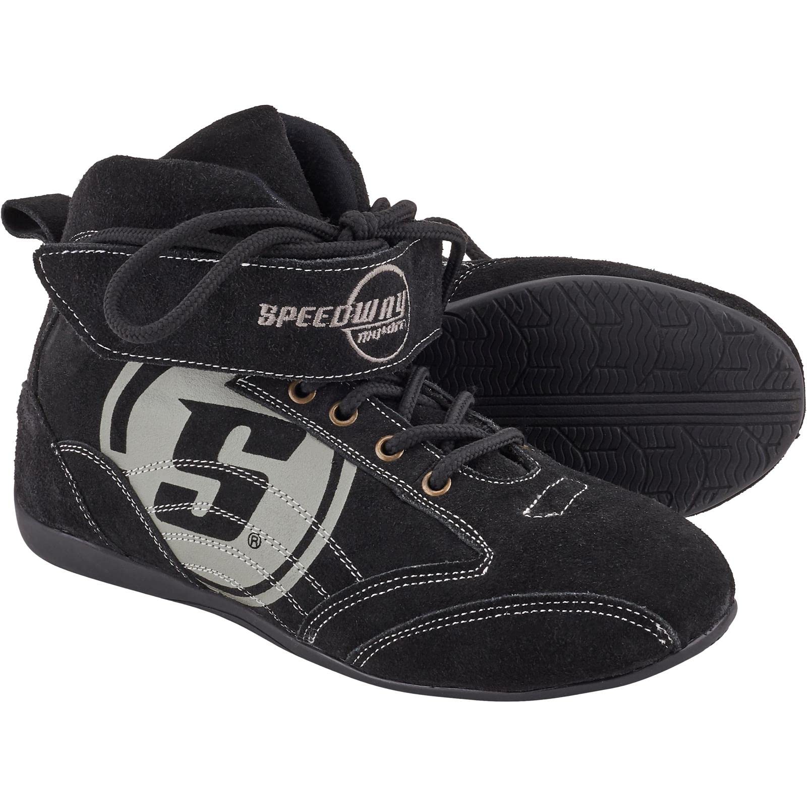 Speedway Motors Viper Mid-Top SFI 3.3/5 Racing Shoes, Size 10.5: Leather & FRC, Soft Compound Performance Sole, Reinforced Eyelets, Double Stitched, Hook-and-Loop Closure, Black with Gray Logo