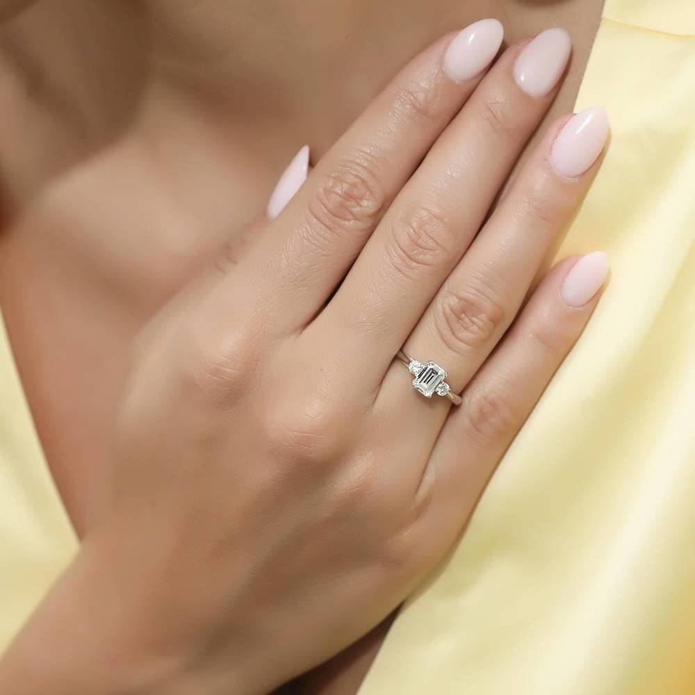 BERRICLE Sterling Silver 3-Stone Wedding Engagement Rings Emerald Cut Cubic Zirconia CZ Ring Set for Women, Rhodium Plated Size 9.5