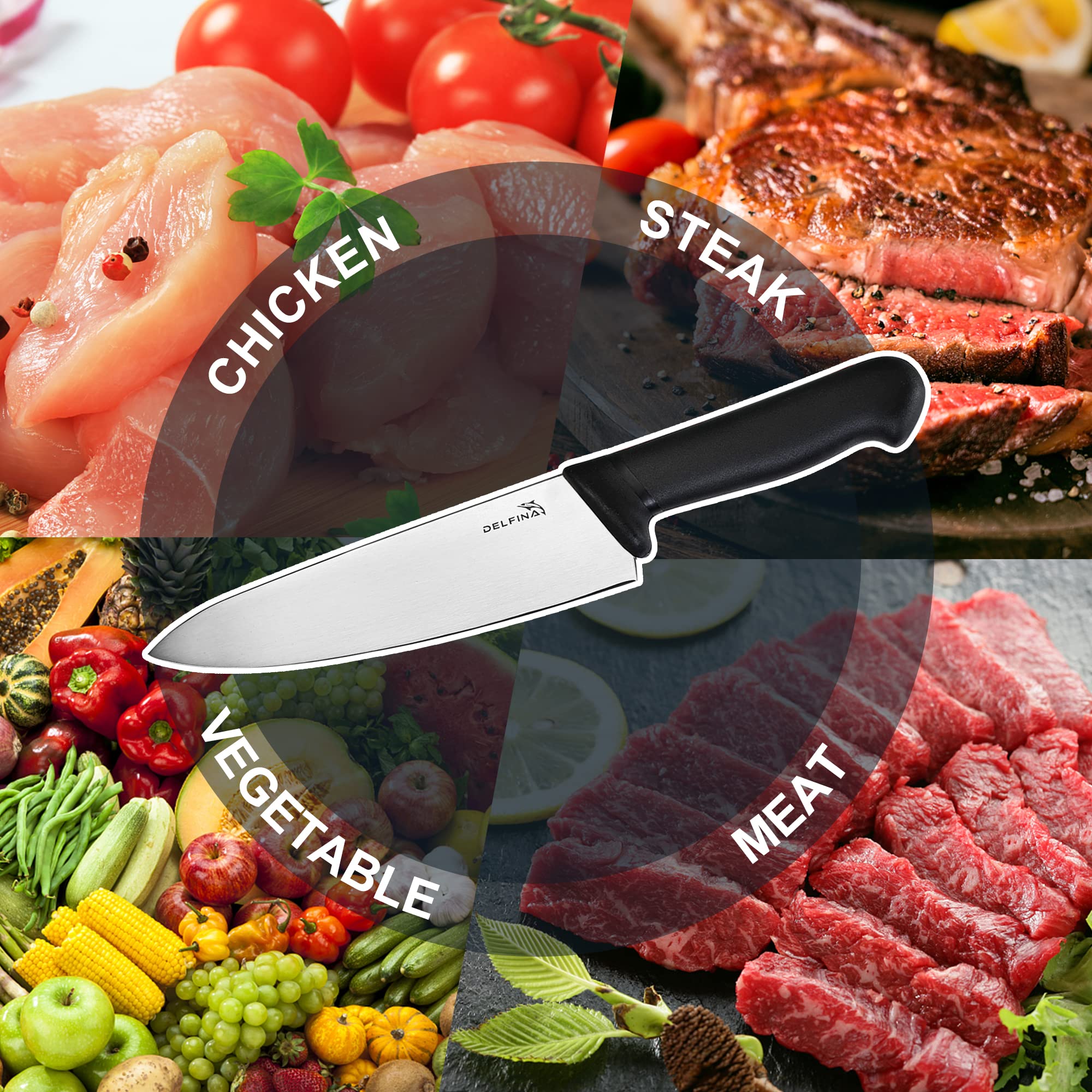 DELFINA Chef Knife, 8 Inch Kitchen Knife with Sheath, Professional High Carbon Stainless Steel Sharp Cooking Knife with Ergonomic Handle,Well Balanced & Easy to Clean (Black Handle)