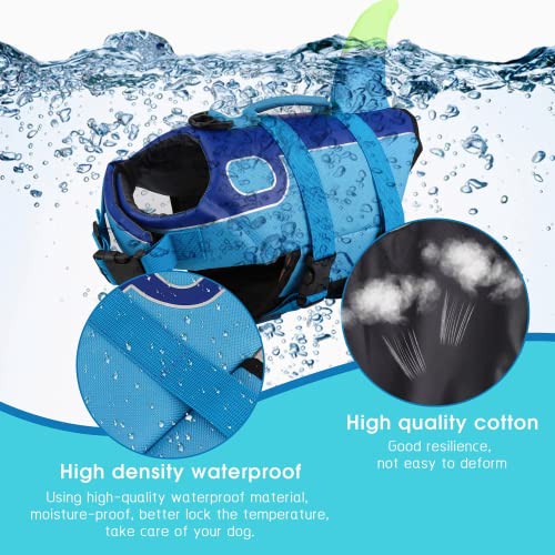 DEENKK Shark Dog Life Jacket Coat Pet Floatation Vests Adjustable Lifesaver Safety Swimsuit Preserver with Rescue Handle for Small Medium Large Dogs Swimming Boating, Blue, M