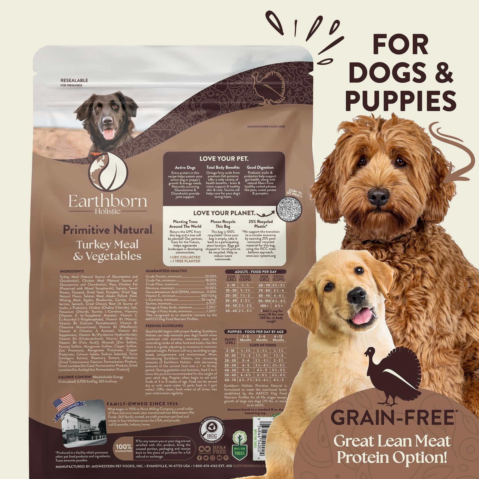 Earthborn Holistic Primitive Natural Turkey Meal & Vegetables Grain-Free High Protein Dry Food for Dogs & Puppies (4 lb. Bag)