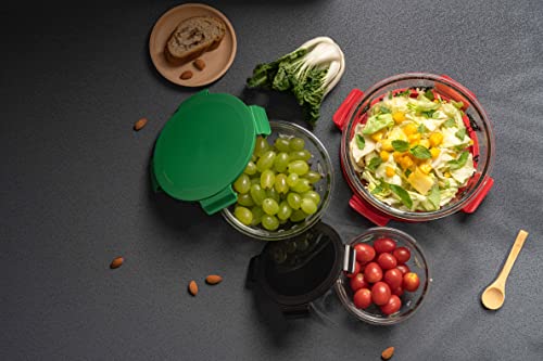 GENICOOK Borosilicate Glass Meal and Food Storage Container, Round Shape, 6 pc Set (3 Containers - 3 Lids), Farm-style Rooster Design