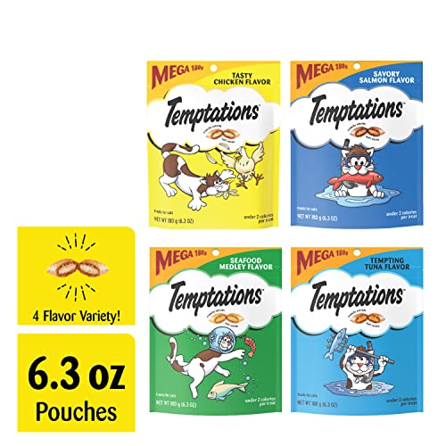 TEMPTATIONS Classic Crunchy and Soft Cat Treats Mega Pack, (5) 6.3 oz. Pouches