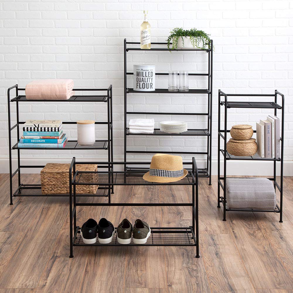 Flipshelf Folding Metal Bookcase-Small Space Solution-No Assembly-Home, Kitchen, Bathroom and Office Black, 3 Shelves, Narrow