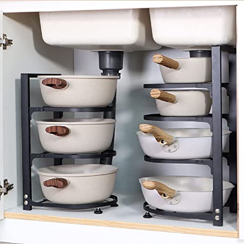 Pot and Pan Rack Organizer Holder,Heavy Duty Adjustable Standing Pan & Pot Racks,Wall Mounted Kitchen Cookware Rack For Pot Storage Under Kitchen Counters, Cabinets, Sink Cabinets (4-Tier,Black)