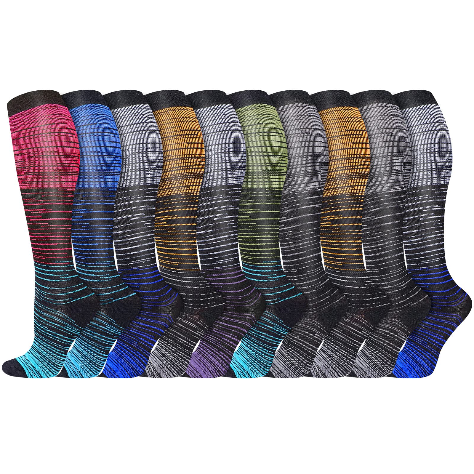 Didaey 10 Pairs Compression Socks Bulk Women&Men 20-30mmHg Knee High Cute Support Sock for Nurses, Pregnancy, Travel(Small/Medium)