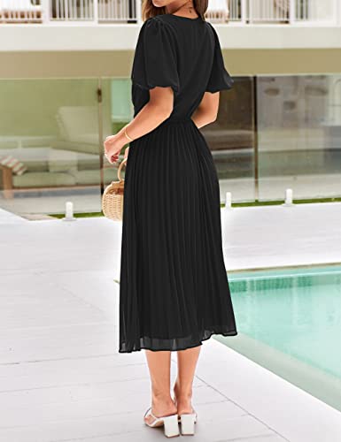 MEROKEETY Womens 2023 Summer Puff Sleeve Wrap V Neck Pleated Flowy Midi Dress for Wedding Guest,Black,M