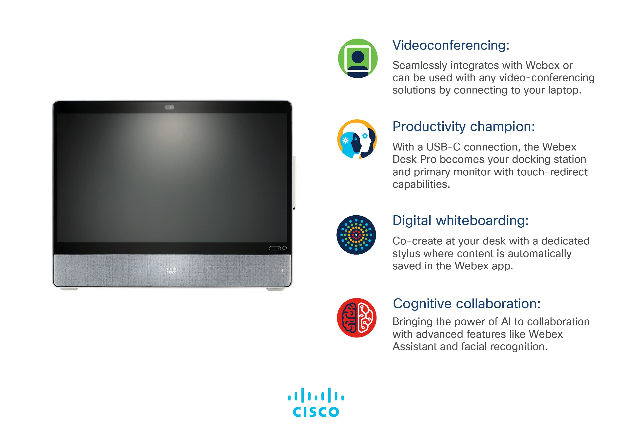 Cisco Webex Desk Pro with 27-inch 4K Screen, 12 MP Video Camera, Noise Canceling Mic, USB-C Docking Connection, 90-Day Limited Liability Warranty (CS-DESKPRO-K9) (Renewed)