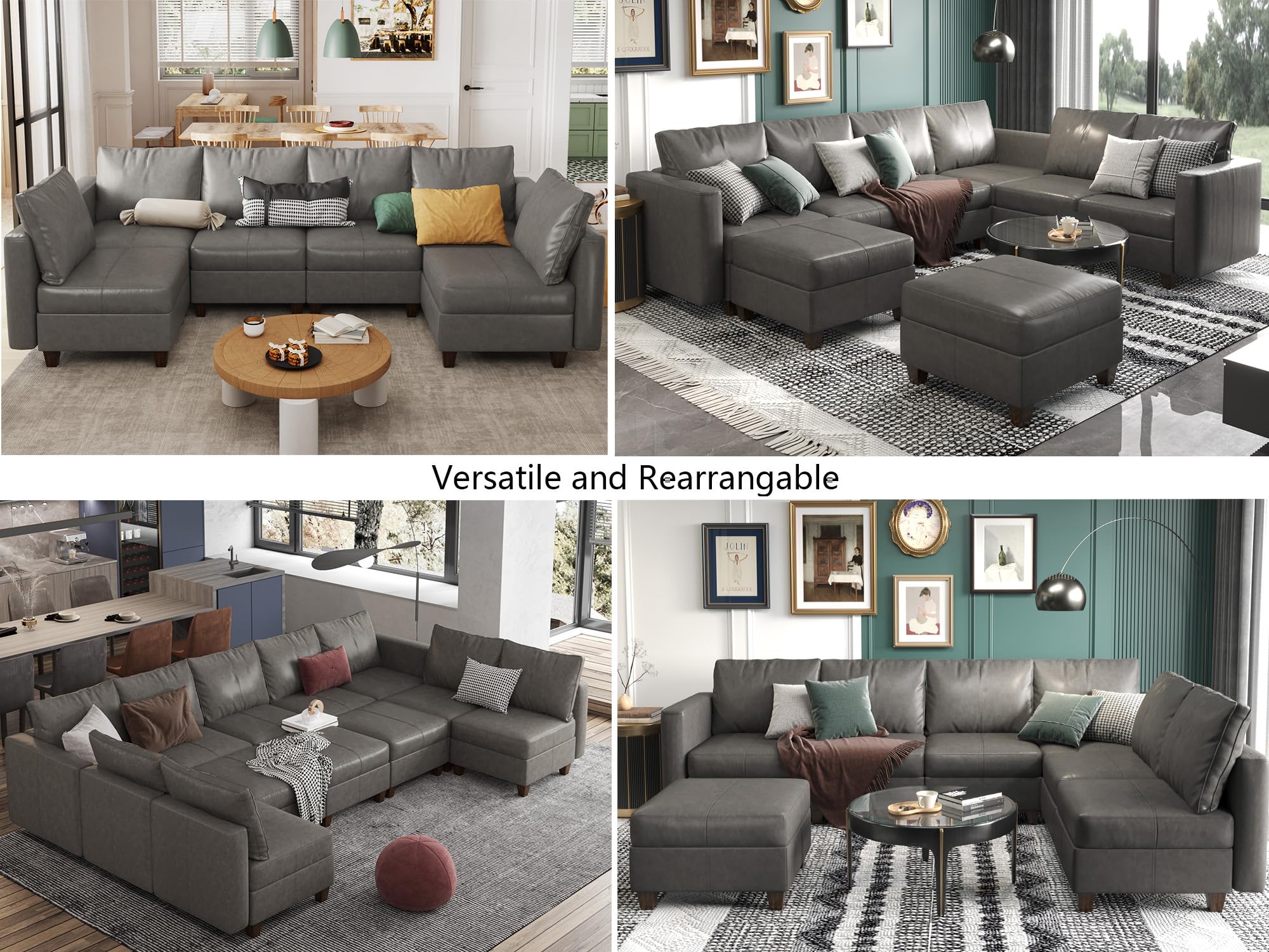 EASE MOOSE Modular Sectional Sofa with Storage, U Shaped Sectional Faux Leather Sectional Couch Large Sectional Sofa, Grey