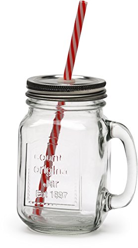Circleware Country Glass Yorkshire Jar Drinking Handles, Metal Lids and Mason Mugs, 4 Count (Pack of 1), Hard Plastic Reusable Straws, Set of 4