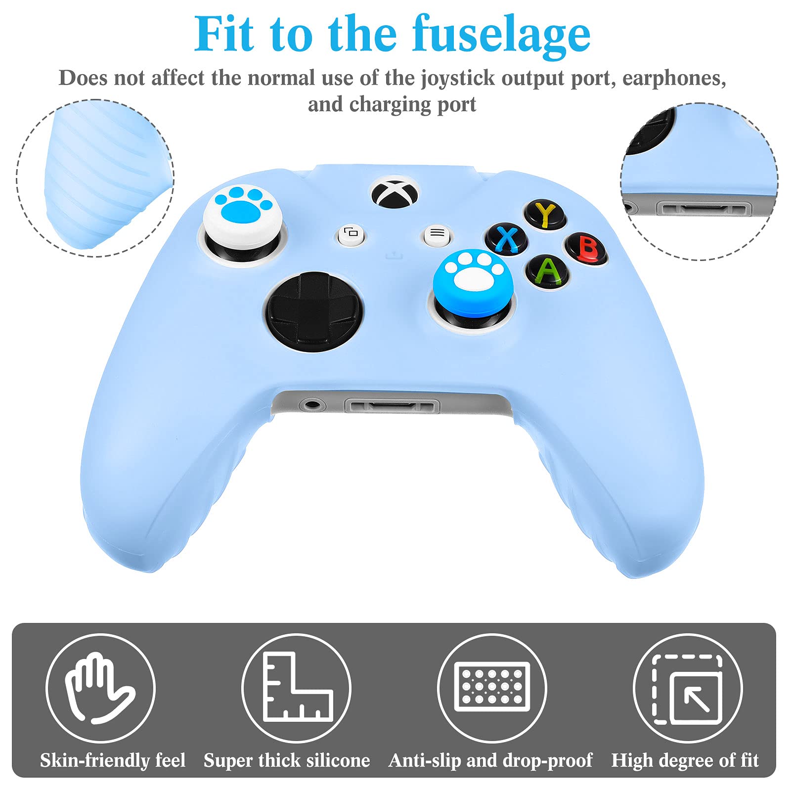 Chalyna 14 Pcs Controller Skins Anti-Slip Accessories Set Silicone Cover Protector Case Compatible with Xbox One/S/X Controller Wireless/Wired Gamepad Joystick with 12 Cat Paw Thumb Grips (Blue)