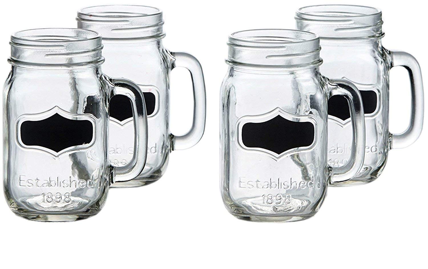 Circleware Yorkshire Glass Mason Jar Mugs with Chalkboard and Handle, Set of 4, Heavy Base Fun Entertainment Glassware Drinking Beverage Cups for Water, Beer, Juice & Bar Decor, 17.5 oz, Clear