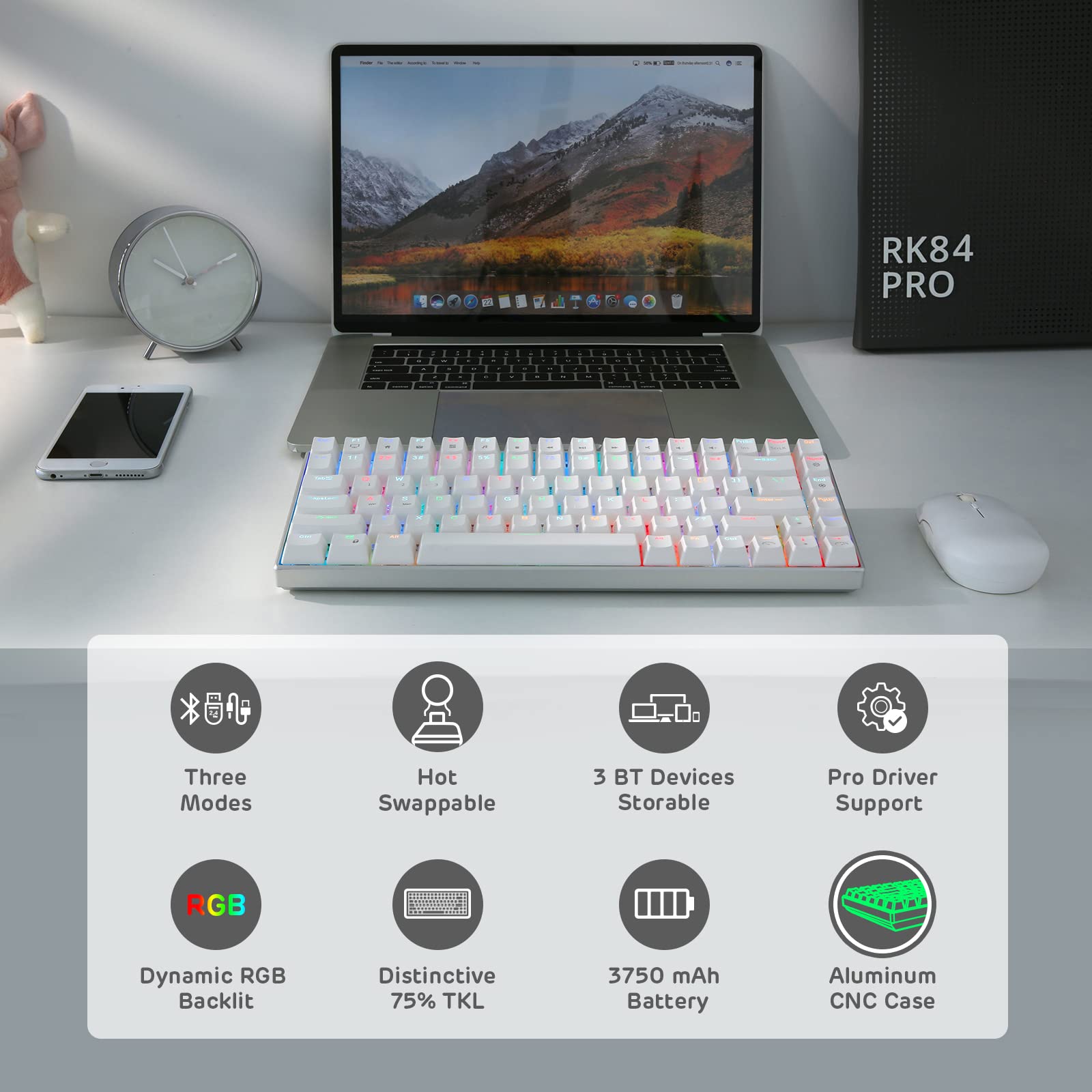 RK ROYAL KLUDGE RK84 Pro RGB 75% Triple Mode BT5.0/2.4G/USB-C Hot Swappable Mechanical Keyboard, 84 Keys Wireless Gaming Keyboard with Aluminum Frame, Tactile Brown Switch