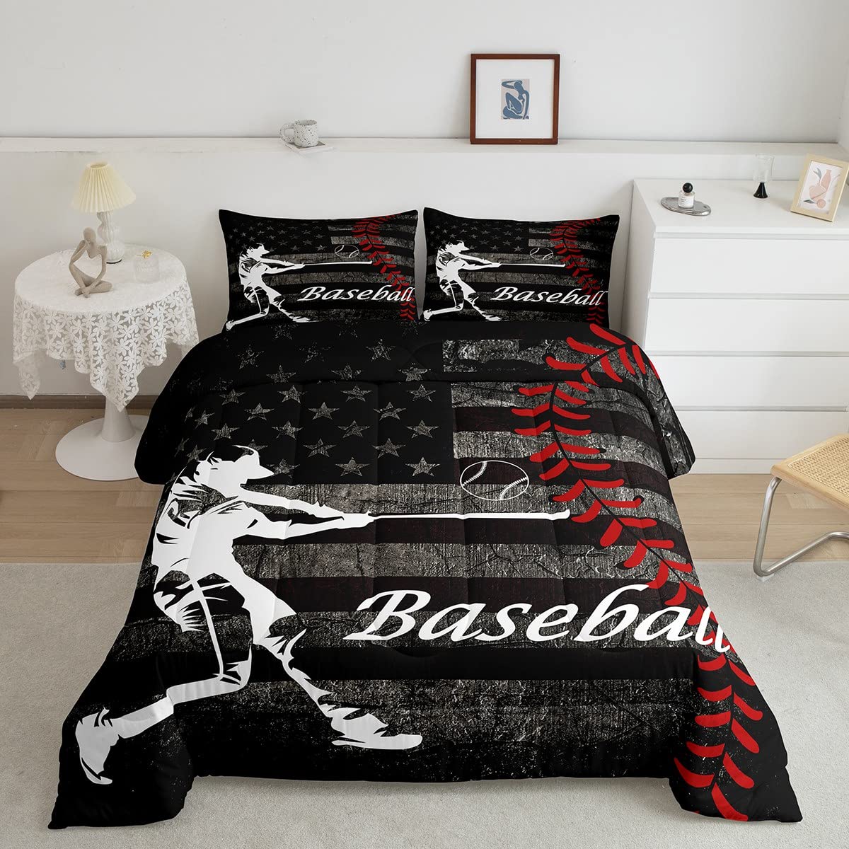 Erosebridal Boys Baseball Comforter Set Vintage American Flag Bedding Full Size for Adult Girls Kids Ball Games Sports Theme Duvet Set Retro USA Flag Print Quilts Grunge Stripes Star Decor Bedding
