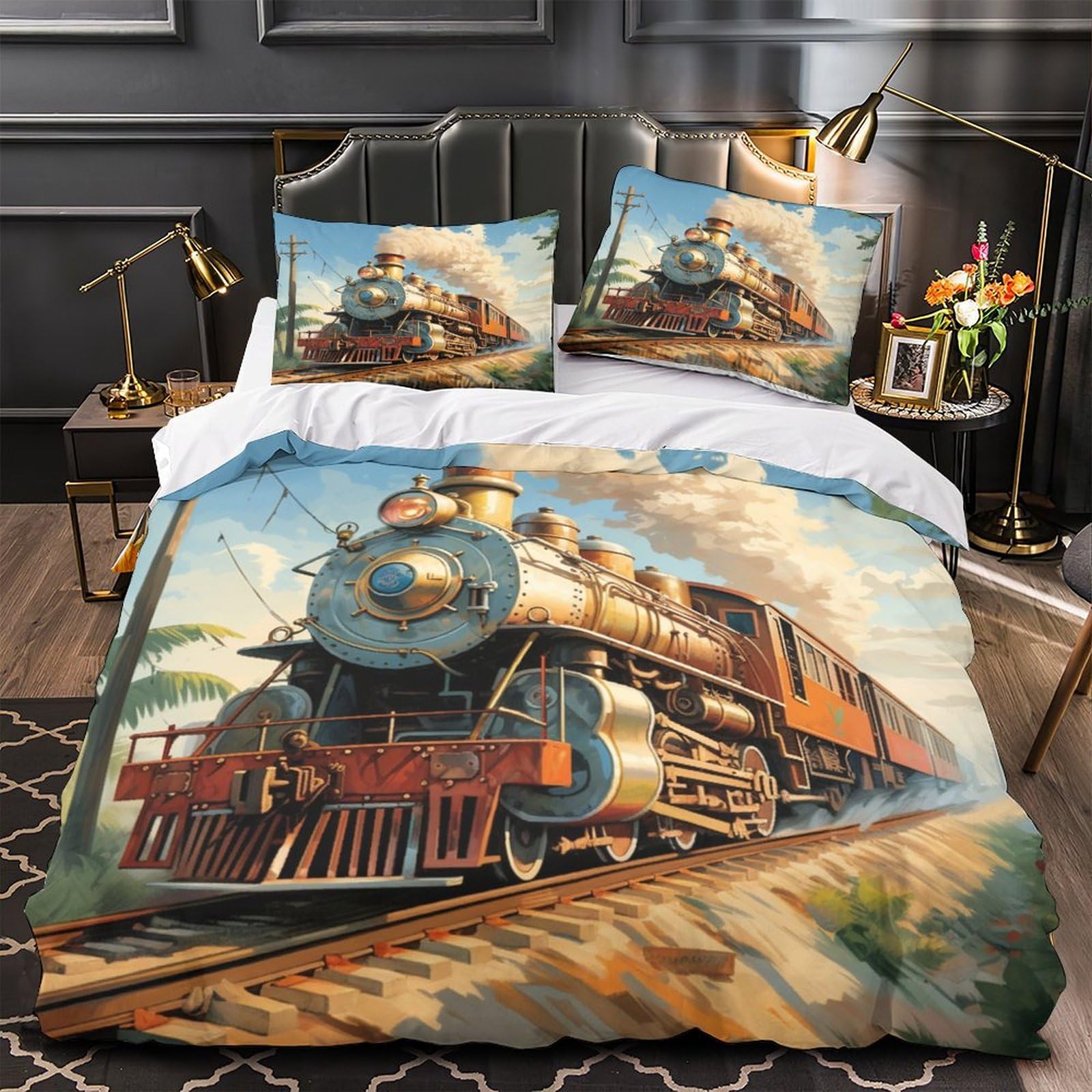 EVMILA Steam Train Comforter Covers for Boys Girls 3D Print Steampunk Duvet Cover Quilt Cover with Pillow Cases with Zipper Closure Bedding Set Soft Microfiber 3 Pieces Twin(173x218cm)