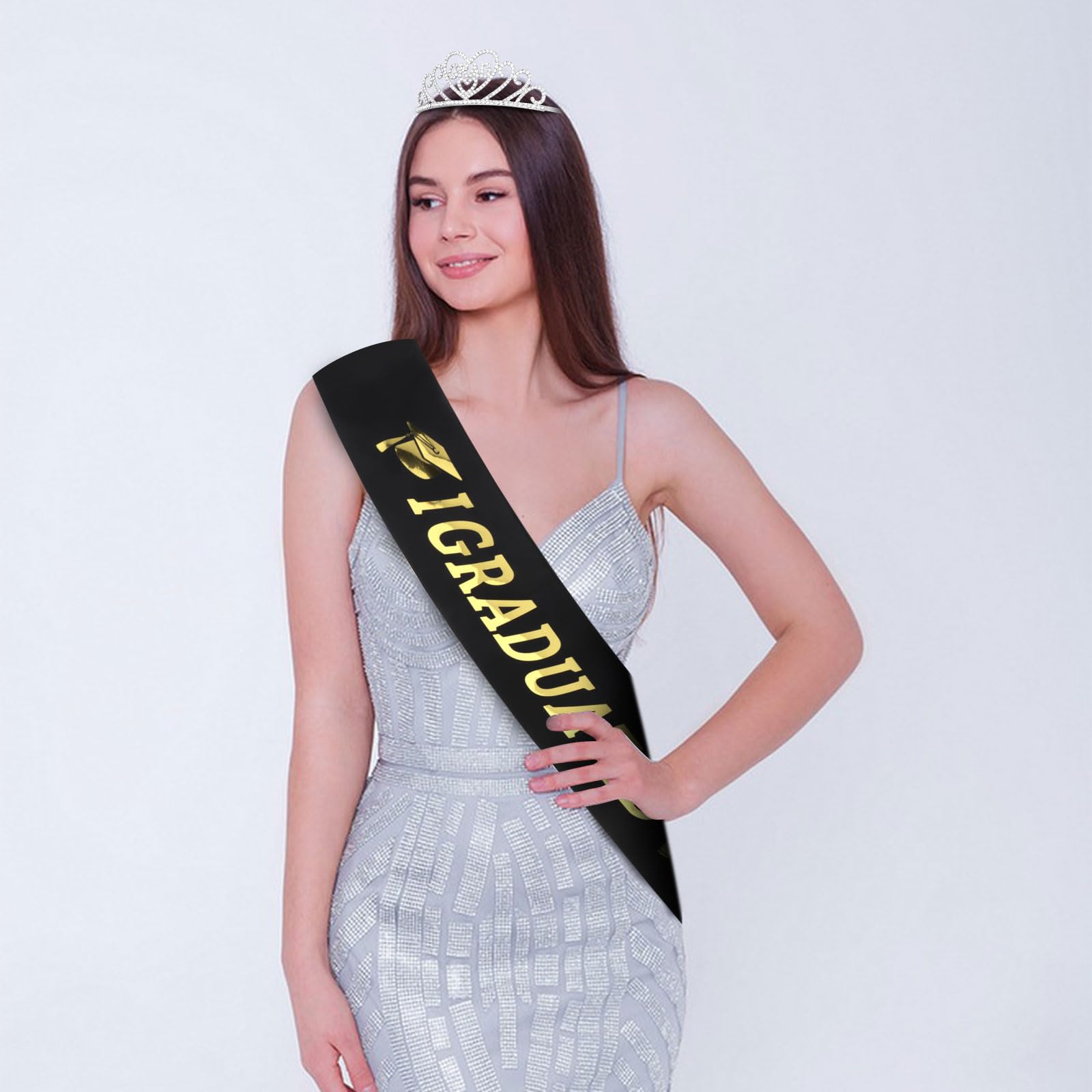CAVETEE Graduation Crown and Sash Set, Gold 'I Graduated' 2024 Congratulations Party Decorations, Women's Grad Tiara and Sash, 2024 Grad Cap Decorations