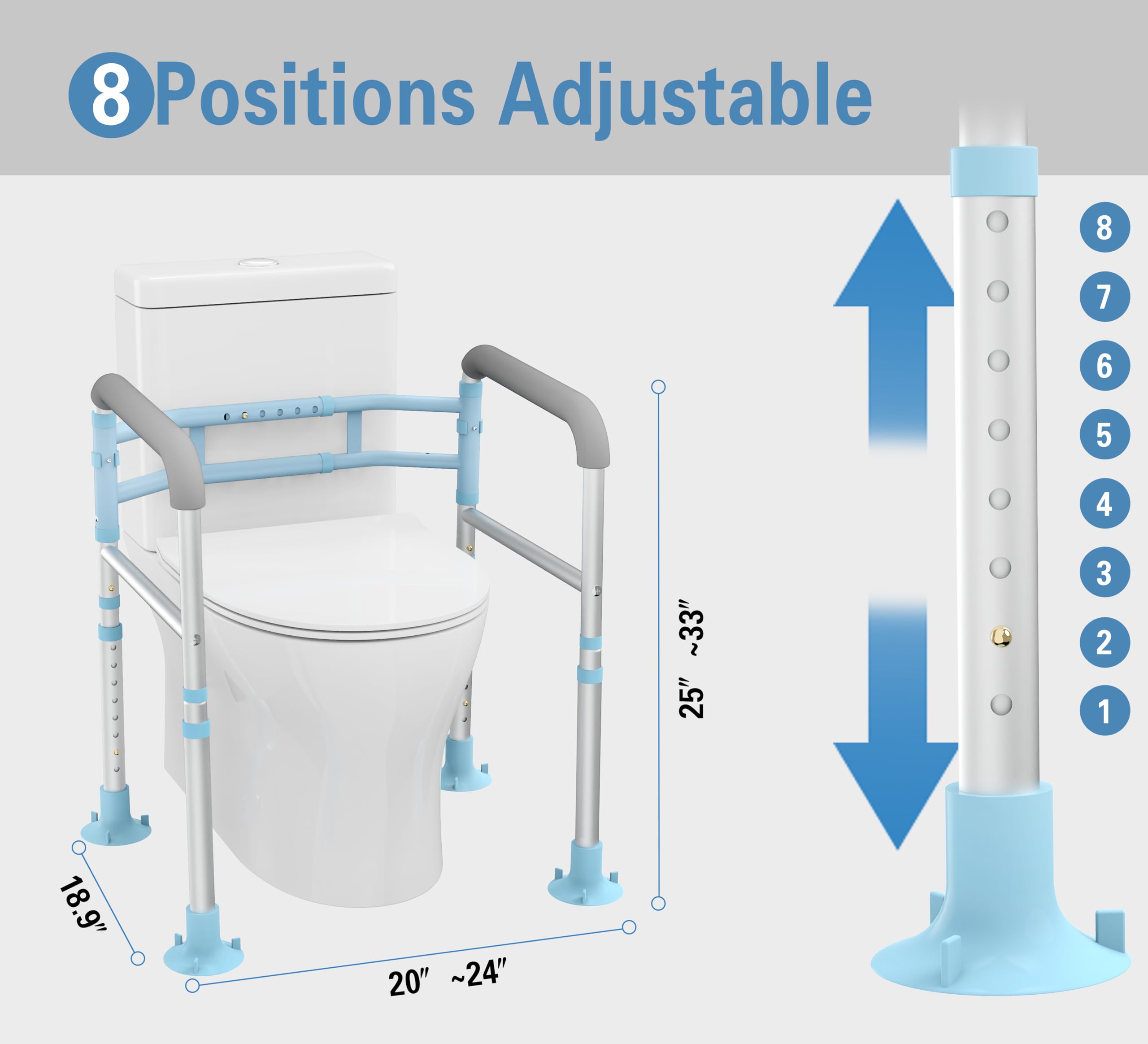 Delog Stand Alone Toilet Safety Rail - Adjustable Width & Height Fit Any Toilet, Medical Toilet Frame for Elderly Handicap Disabled, Folding Handrails