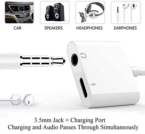 iPhone Headphones Adapter, Apple MFi Certified 2 in 1 Lightning to 3.5 mm Headphone Jack Adapter Dual Ports Dongle Charger Jack & AUX Audio 3.5mm Earphone Accessory for iPhone 12/11/X/XS/XR/8/7/SE