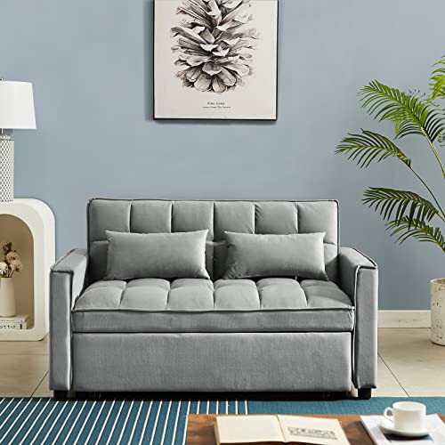 FANYE Loveseat Pull Out Sleeper Bed,2 Seater Sofa & Couch W/Adjustable Backrest Home Apartment Office Living Room Furniture Sets Sofabed, Gray Twin Velvet Two Pillows Both Side Pockets