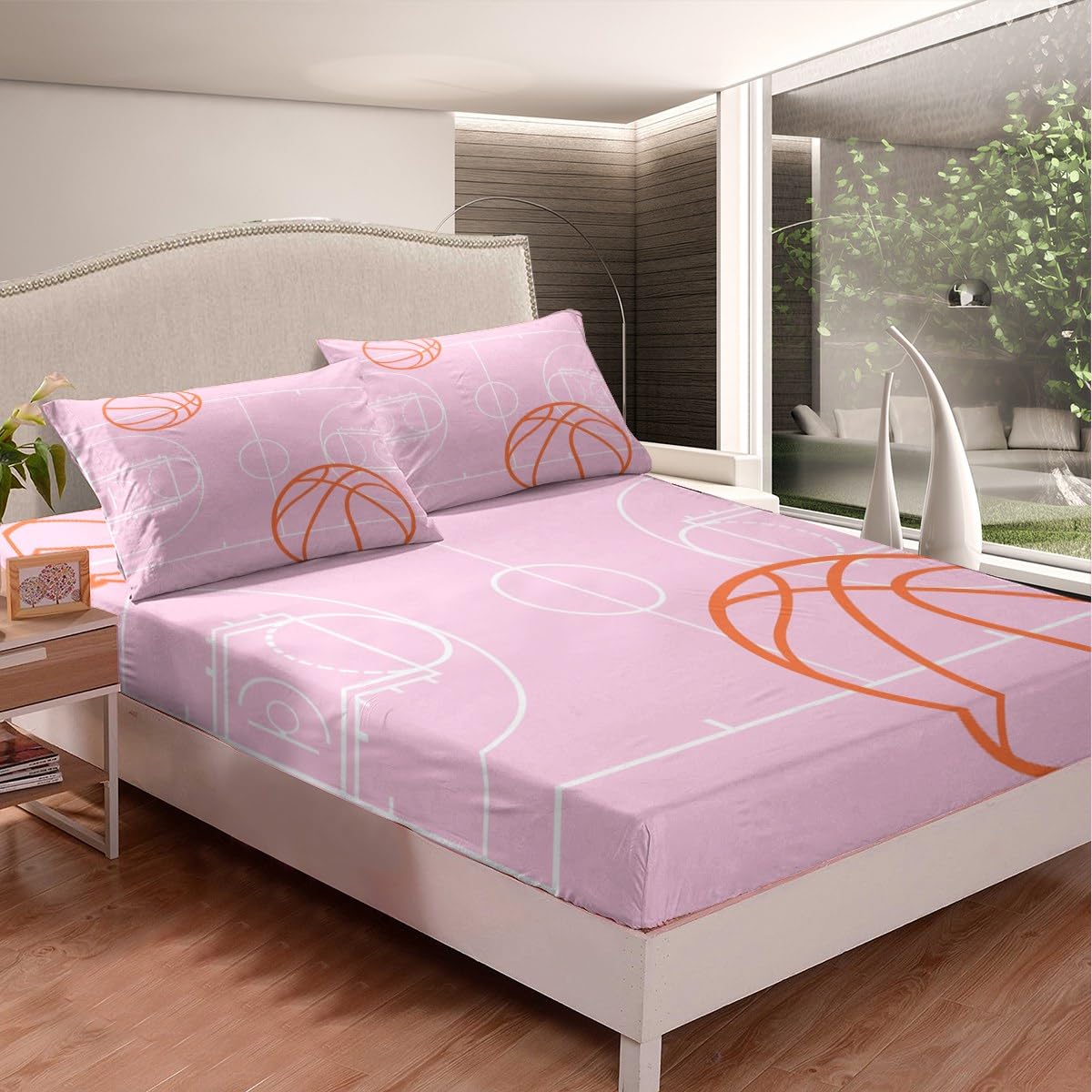 Feelyou Queen Basketball Bed Sheet Set Boys Girls Basketball Court Bedding Sheets for Kids Soft Pink Bedding Fitted Sheet Sport Bed Cover Room Decor,1 Fitted Sheet+2 Pillow Sham(No Flat Sheet)