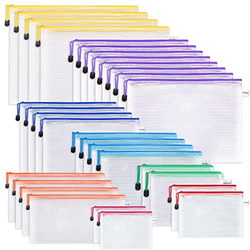 Mesh Zipper Pouch 30PCS Waterproof Zipper Bags 8 Sizes 8 Colors Plastic Document Pouch for Organizing School Supplies, Office Appliances, Home Organize and Travel Storage
