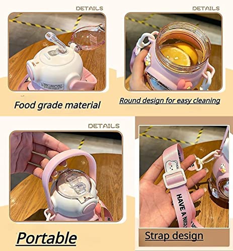 LEJN Kawaii Water Bottle with Adjustable Shoulder Strap Portable Leakproof BPA-free Cartoon Children Cup Capsule Bottle Traveling Hiking (Pink820ml)
