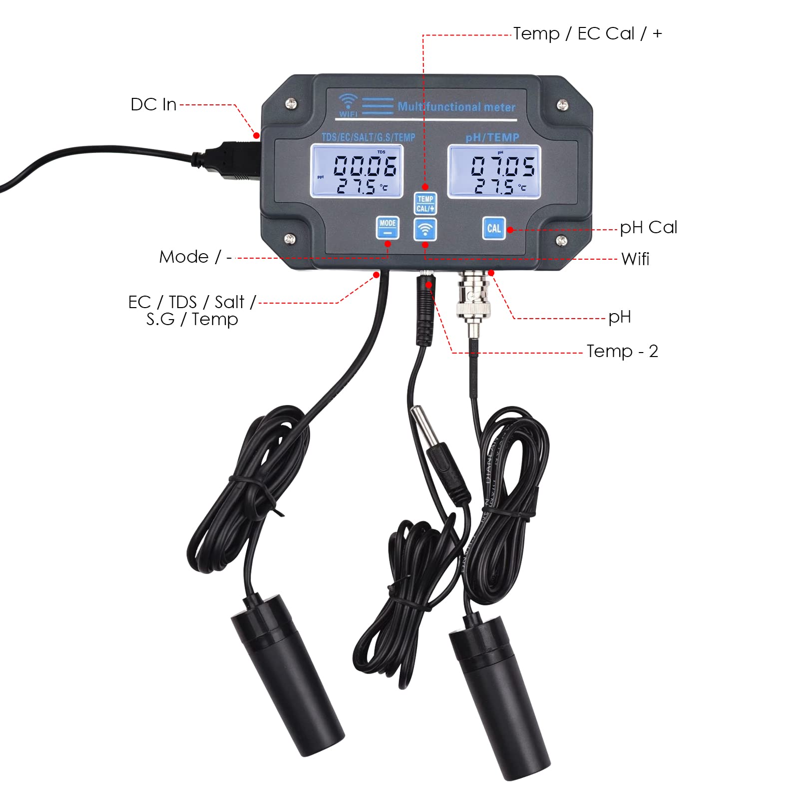 DANOPLUS Smart Water Quality Tester, 24 hrs Wireless App Monitoring of pH EC TDS Salinity SG Temperature, Mountable with Alarm Function for Aquariums & Hydroponics