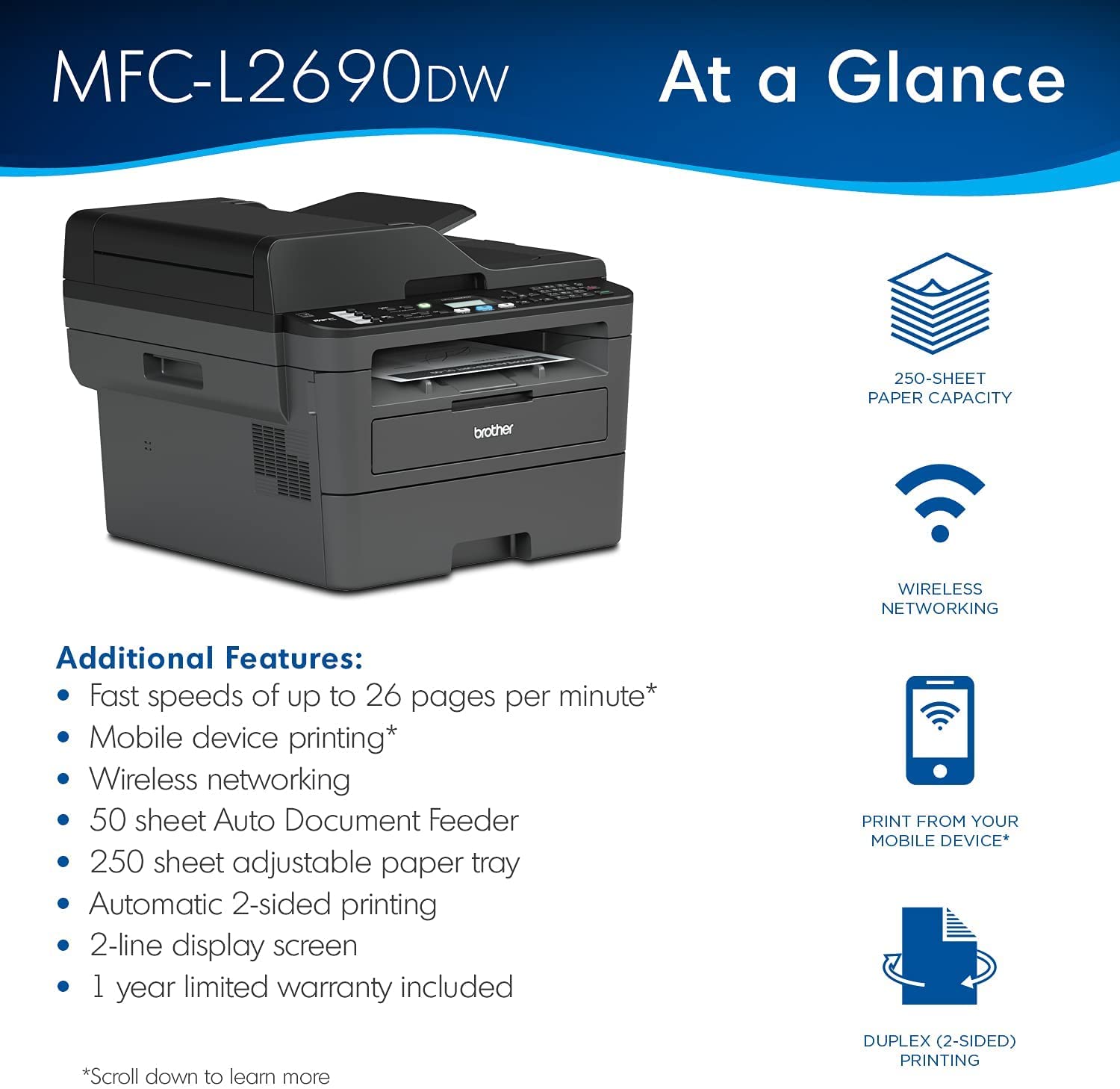 Brother MFC-L26 Series All-in-One Laser Printer, Automatic Duplex Printing, 250 Sheets, Wireless, Mobile Printing, Duplex, with MTC Printer Cable