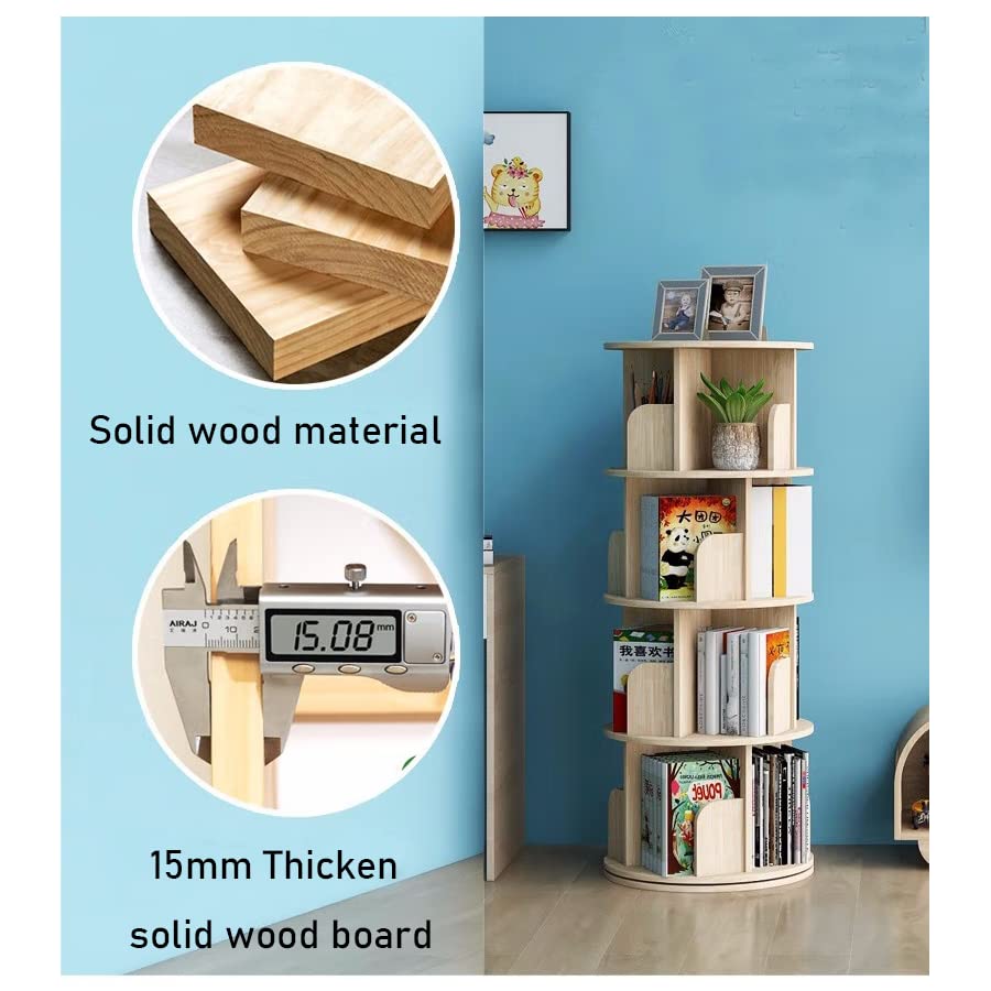 MYOYAY 4-Tier Solid Wood Bookshelf Floor Standing Bookcase 360° Rotation Book Storage Cabinet Magazines Potted Plants Display Stand Holds Up to 200 Books Study Office Home Decoration
