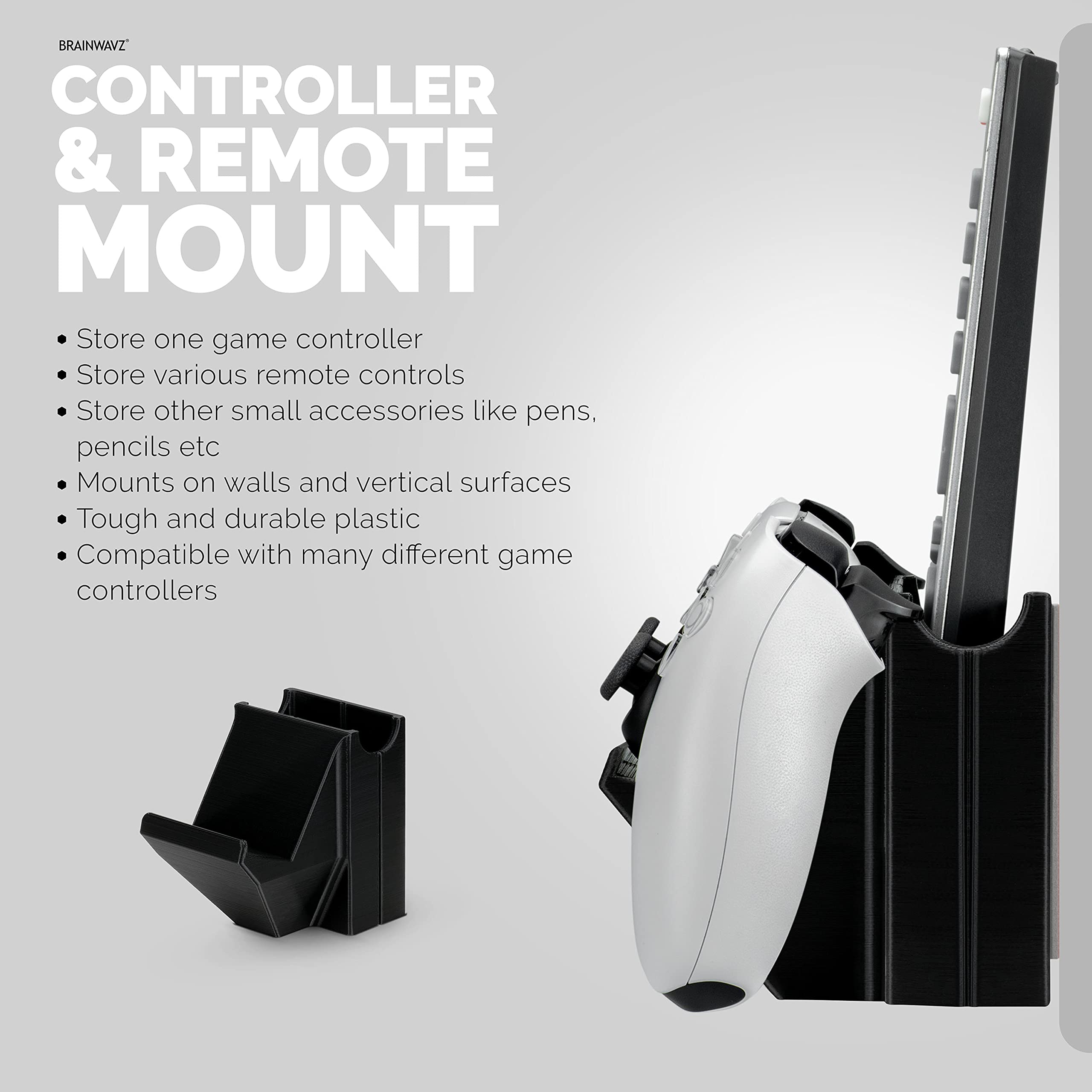 BRAINWAVZ Universal Game Controller & TV Remote Control Wall Mount Stand Holder Hanger Storage - Designed for Xbox ONE, PS4, PS3, PS5, Dualshock, DualSense, PC, Steelseries, Steam & More, UGC-04
