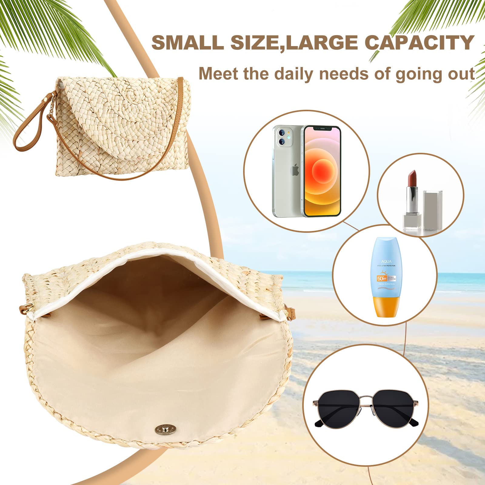 Rkrouco Women's Straw Clutch Summer Beach Bags Crossbody Straw Bag Woven Purse with Bag Strap