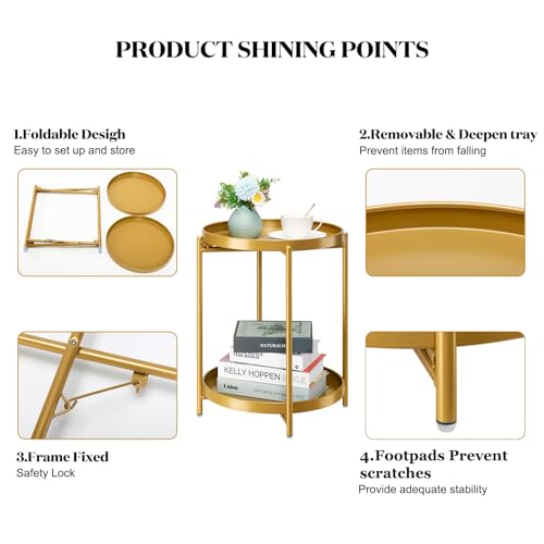danpinera 2-Tier End Table, Outdoor Side Table Metal Round Side Table with Removable Tray, Small Folding Accent Table, Anti-Rust Nightstand for Bedroom Balcony Patio Living Room (Gold)