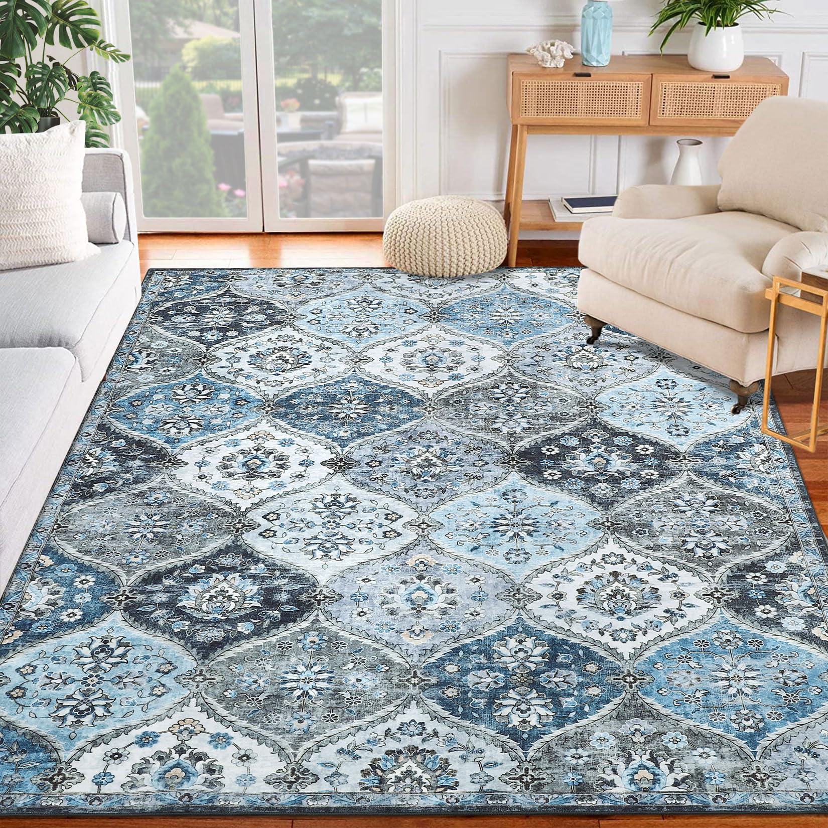 FairOnly 5x7 Area Rugs Washable Rug Vintage Oriental Rug Non-Slip Rugs Soft Floral Moroccan Throw Rug Stain-Resistant Antique Rugs for Living Room Foldable Vintage Bedroom Rug 5x7