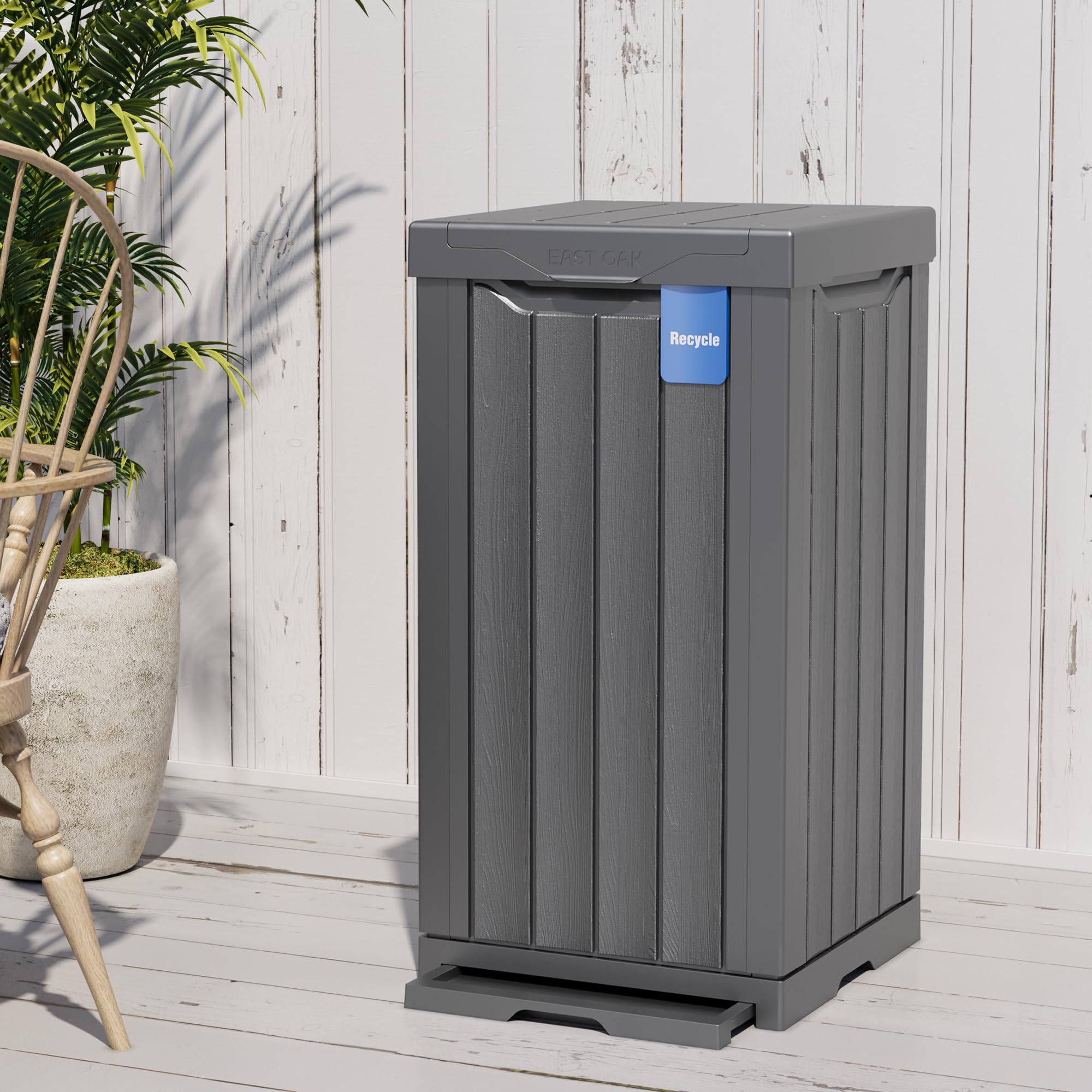 EAST OAK 31 Gallon Outdoor Trash Can, Waterproof Resin Garbage Can with Garbage Sorting Boards, Lid and Drip Tray, Outdoor Waste Bin for Patio, Kitchen, Backyard, Deck, Gray