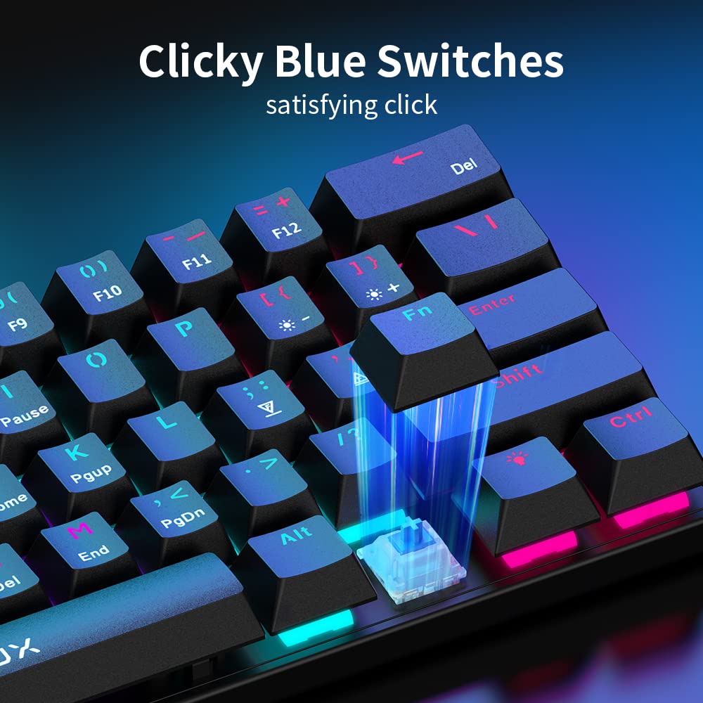 DeLUX 60% Mechanical Keyboard with Clicky Blue Switches, RGB Rainbow Backlit, 61 Keys and 21 Keys Anti-Ghosting, Wired 60 Percent Mini Gaming Keyboard for PC Computer Gamer(KM36-Black)