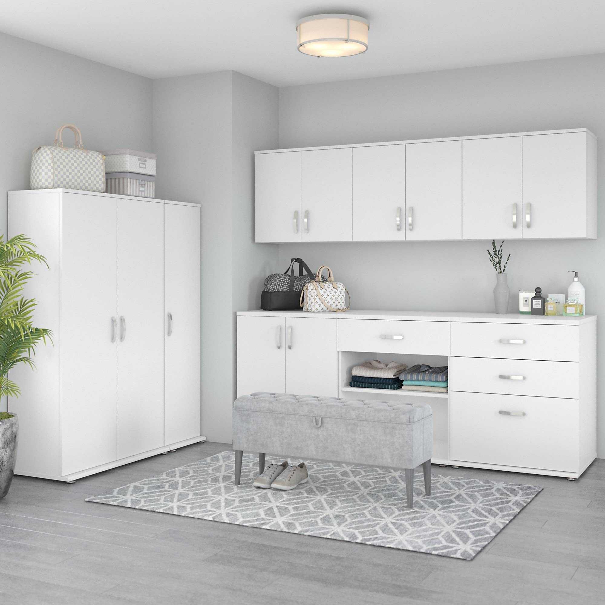 Bush Business Furniture Universal 8 Piece Modular Closet Storage Set with Floor and Wall Cabinets, White