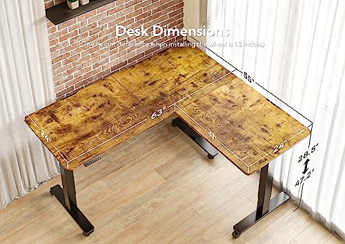 Claiks Triple Motor L Shaped Standing Desk, 63 x 55 inch Corner Stand Up Desk, Adjustable Height Desk with Splice Board, Black Frame/Rustic Brown Top