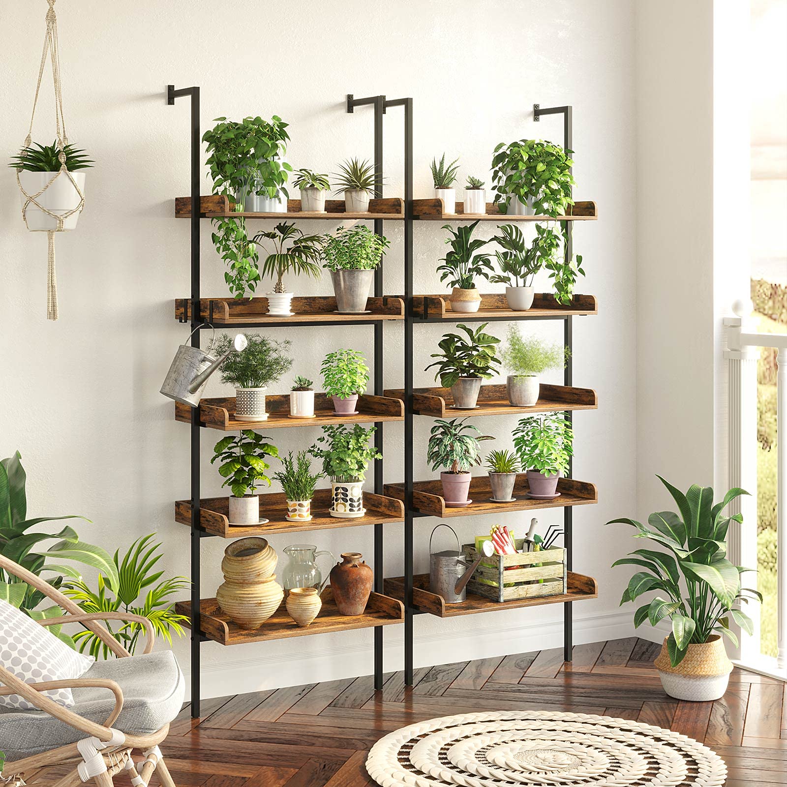 Rolanstar 5-Tier Bookshelf with 3 Hooks, Wall Mount Bookcase with Wooden Edge 72", Storage Rack with Open Shelves Display Plant Flower Stand Organizer for Living Room, Home Office, Rustic Brown