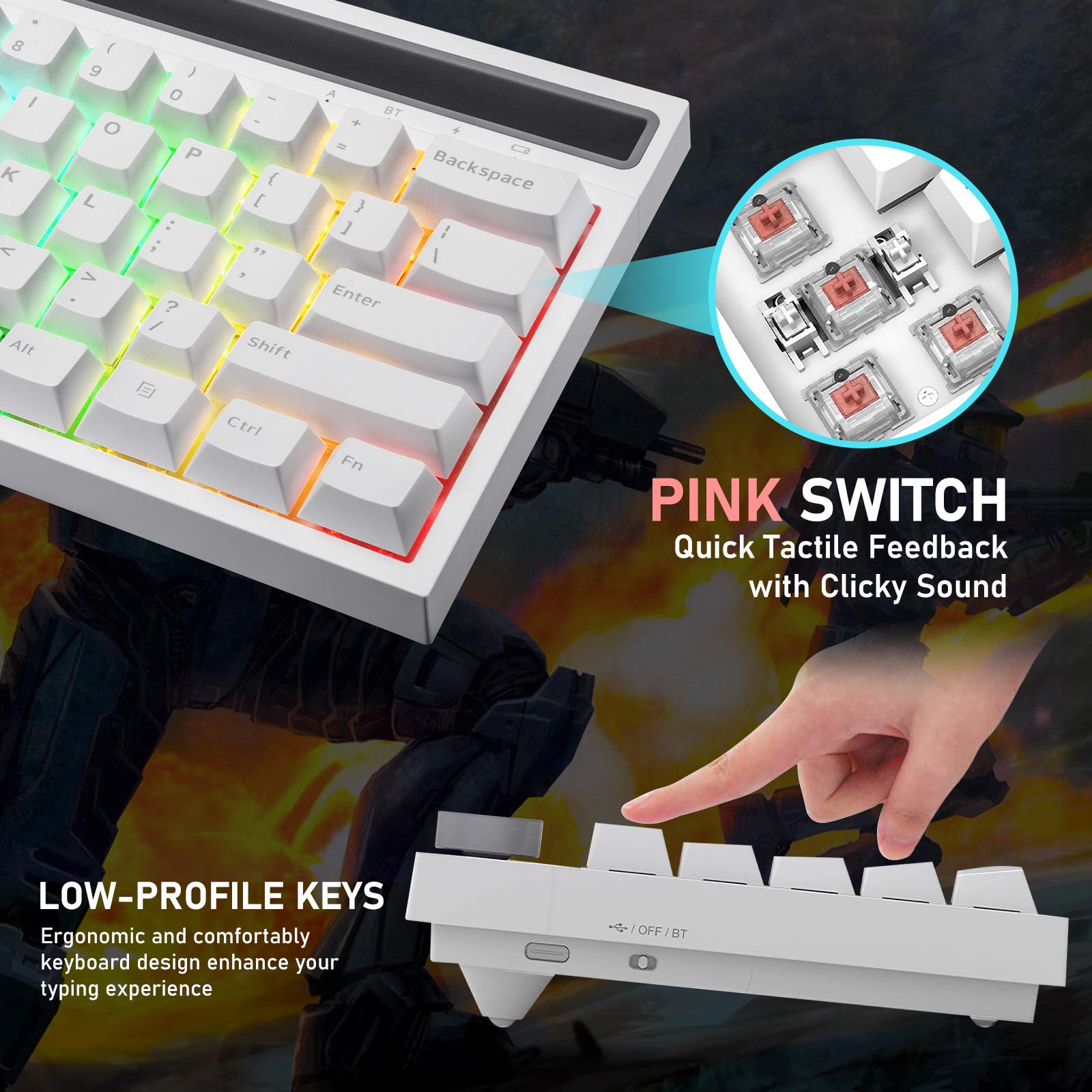 Bluetooth Mechanical Gaming Keyboard with 19 RGB Backlight Mini 61 Key Multimedia Knob Rechargeable 4400mAh Battery Type C Wired/Wireless for PC Mac Mobile Phone Gamer Typist (White/Pink Switch)