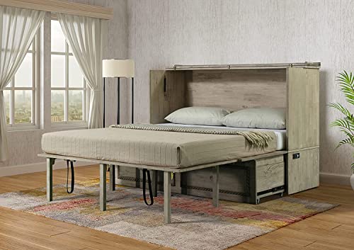 Mega Solutions Venetian Murphy Cabinet Bed with Deepest Storage Drawer On The Market and USB Charging Station (Queen, Antique Oak)