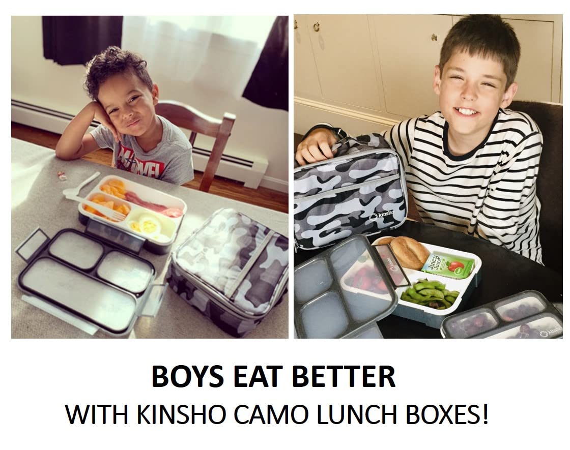 Camo Lunch Box for Boys | Bento Boxes with Bag, Ice Pack Set | Snack Containers for Kids Men Adults. 3 Leakproof Compartments, Container with Insulated Bags for School Lunches, Black Grey Camoflauge