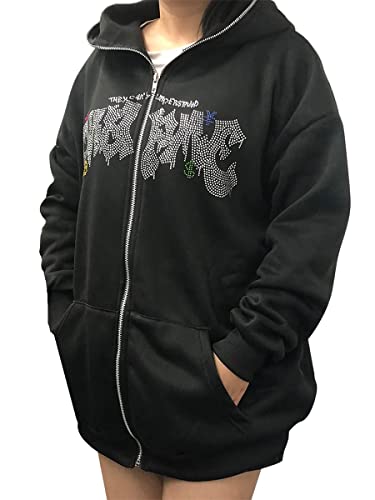 Faretumiya Women Men Rhinestone Hoodie Y2k Graphic Zip Up Unisex Sweatshirt Sparekly Oversized Pullover Jacket Streetwear(black two,Large)